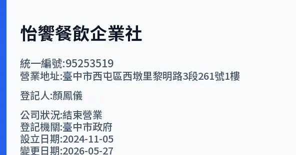 怡饗餐飲企業社的照片-統編 95253519(臺中市) 公司登記資料與營業項目詳細圖表