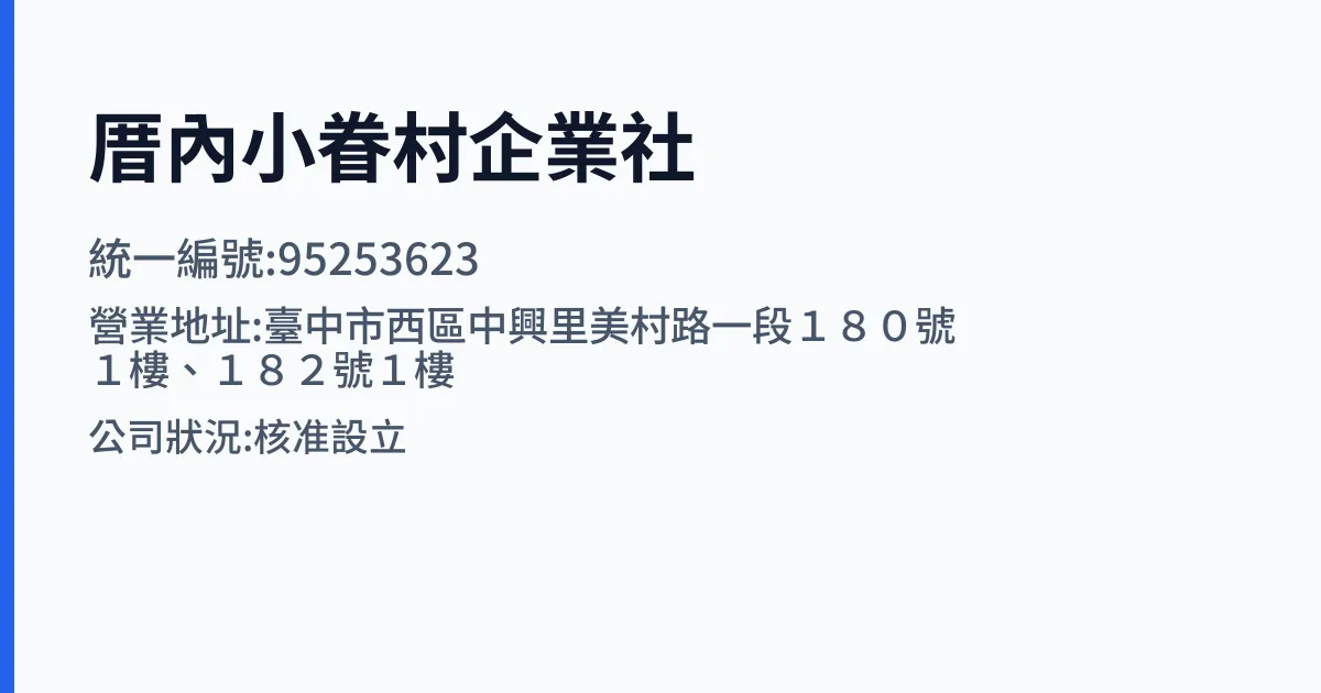 厝內小眷村企業社 - 統編 95253623(臺中市) 公司登記資料與營業項目詳細圖表