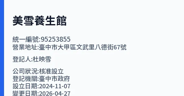 美雪養生館的照片-統編 95253855(臺中市) 公司登記資料與營業項目詳細圖表