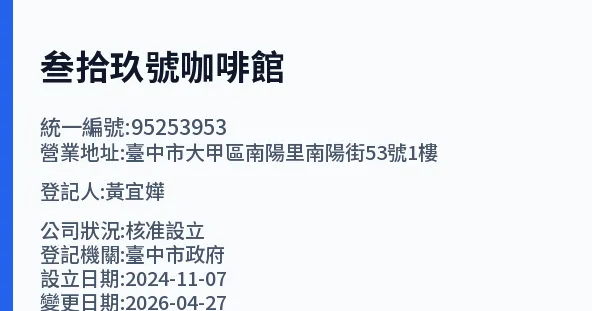 叁拾玖號咖啡館的照片-統編 95253953(臺中市) 公司登記資料與營業項目詳細圖表