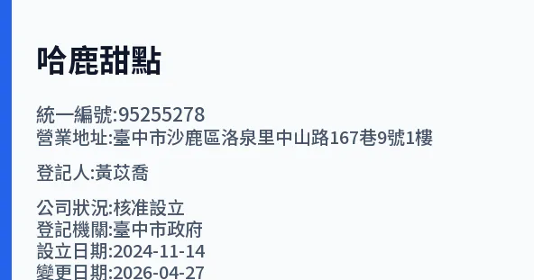 哈鹿甜點的照片-統編 95255278(臺中市) 公司登記資料與營業項目詳細圖表