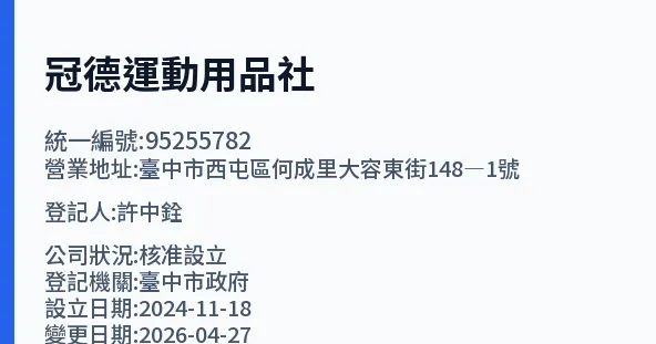 冠德運動用品社的照片-統編 95255782(臺中市) 公司登記資料與營業項目詳細圖表