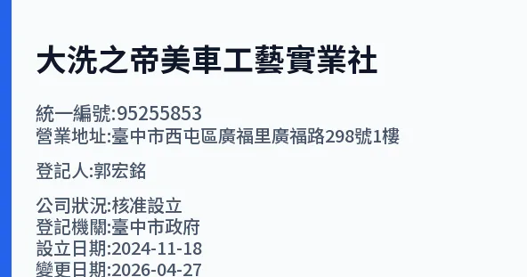 大洗之帝美車工藝實業社的照片-統編 95255853(臺中市) 公司登記資料與營業項目詳細圖表