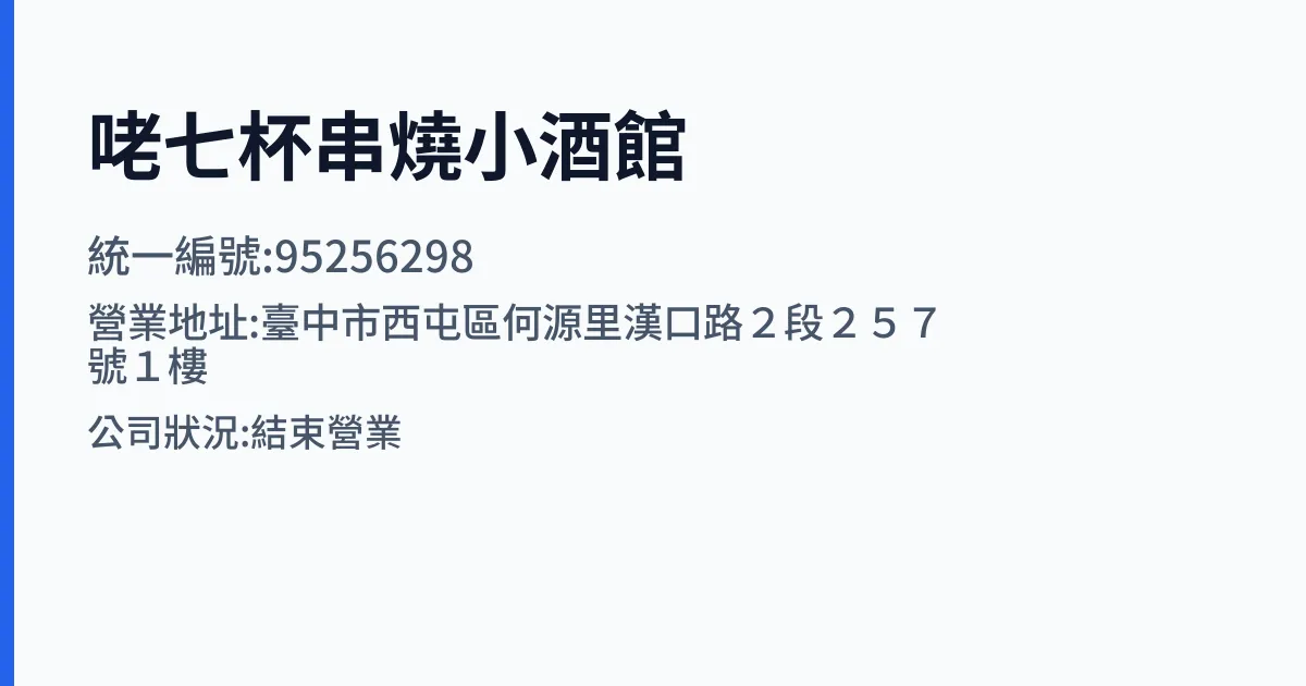 咾七杯串燒小酒館 - 統編 95256298(臺中市) 公司登記資料與營業項目詳細圖表