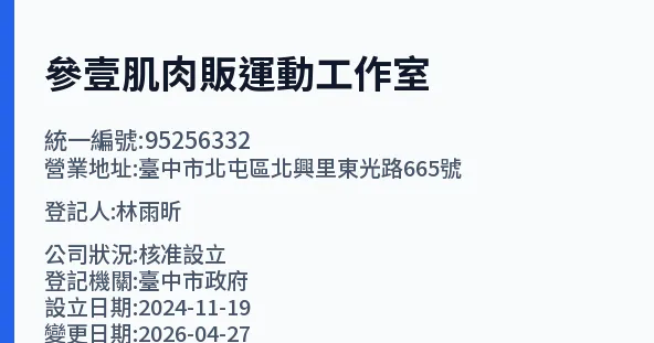 參壹肌肉販運動工作室的照片-統編 95256332(臺中市) 公司登記資料與營業項目詳細圖表
