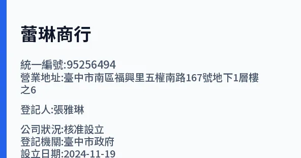 蕾琳商行的照片-統編 95256494(臺中市) 公司登記資料與營業項目詳細圖表