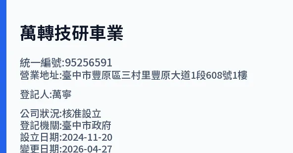 萬轉技研車業的照片-統編 95256591(臺中市) 公司登記資料與營業項目詳細圖表