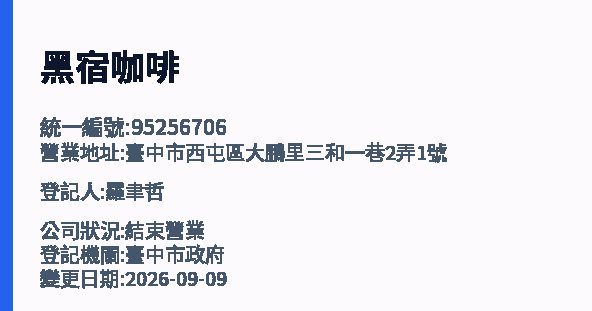 黑宿咖啡的照片-統編 95256706(臺中市) 公司登記資料與營業項目詳細圖表