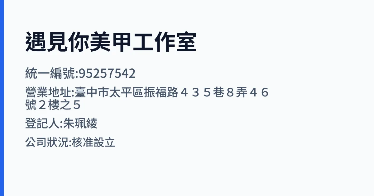 遇見你美甲工作室 - 統編 95257542(臺中市) 公司登記資料與營業項目詳細圖表