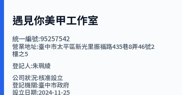 遇見你美甲工作室的照片-統編 95257542(臺中市) 公司登記資料與營業項目詳細圖表