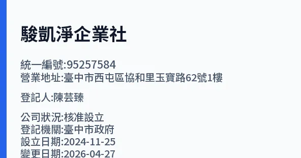 駿凱淨企業社的照片-統編 95257584(臺中市) 公司登記資料與營業項目詳細圖表