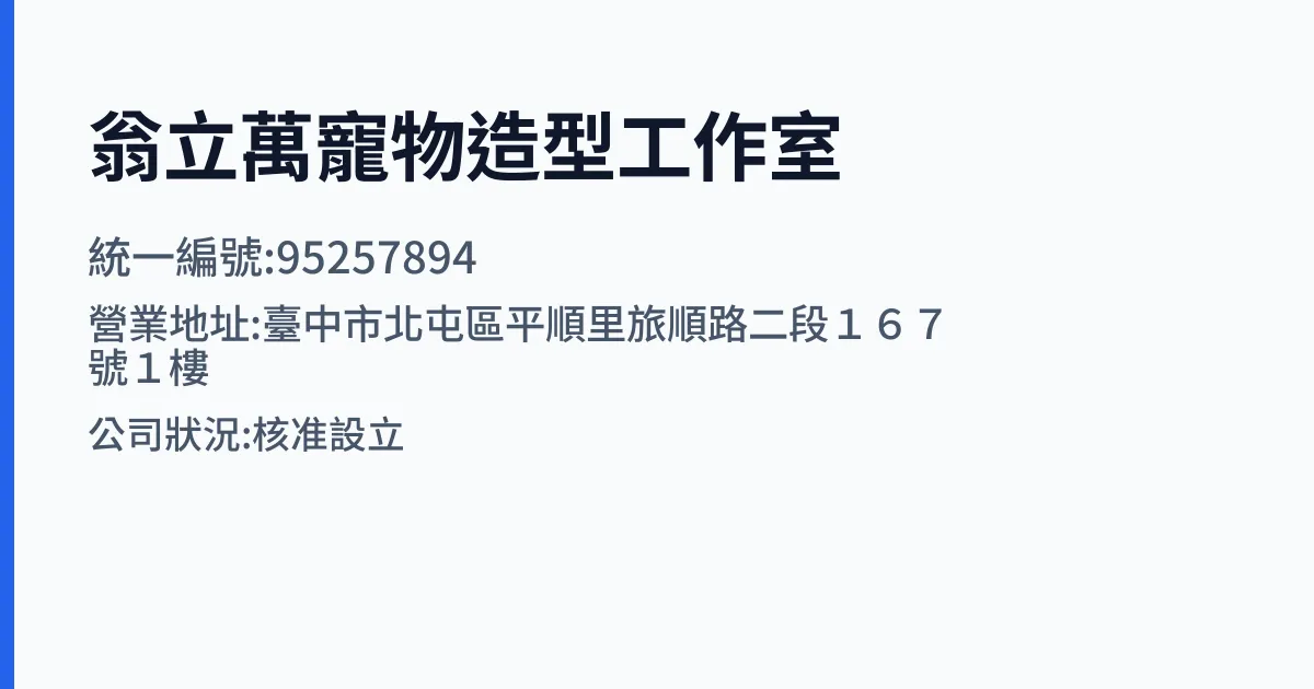 翁立萬寵物造型工作室 - 統編 95257894（臺中市） 公司登記資料與營業項目詳細圖表