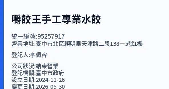 嚼餃王手工專業水餃的照片-統編 95257917(臺中市) 公司登記資料與營業項目詳細圖表