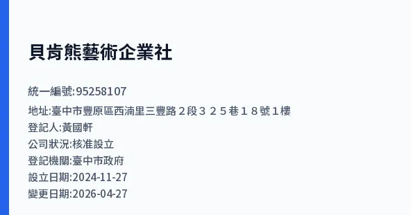 貝肯熊藝術企業社的照片-統編 95258107(臺中市) 公司登記資料與營業項目詳細圖表