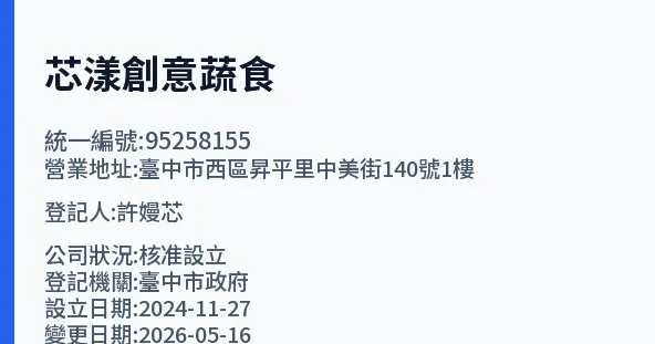 芯漾創意蔬食的照片-統編 95258155(臺中市) 公司登記資料與營業項目詳細圖表