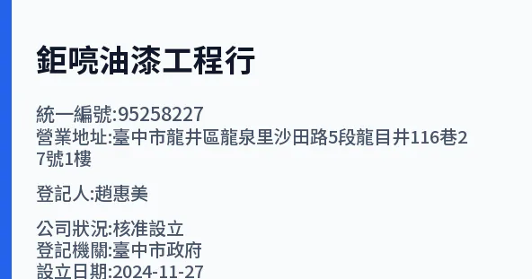 鉅喨油漆工程行的照片-統編 95258227(臺中市) 公司登記資料與營業項目詳細圖表