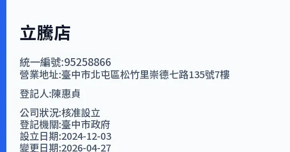立騰店的照片-統編 95258866(臺中市) 公司登記資料與營業項目詳細圖表