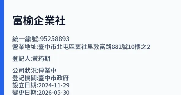 富榆企業社的照片-統編 95258893(臺中市) 公司登記資料與營業項目詳細圖表