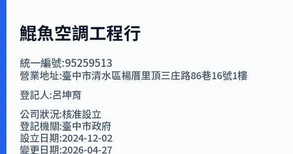 鯤魚空調工程行的照片-統編 95259513(臺中市) 公司登記資料與營業項目詳細圖表