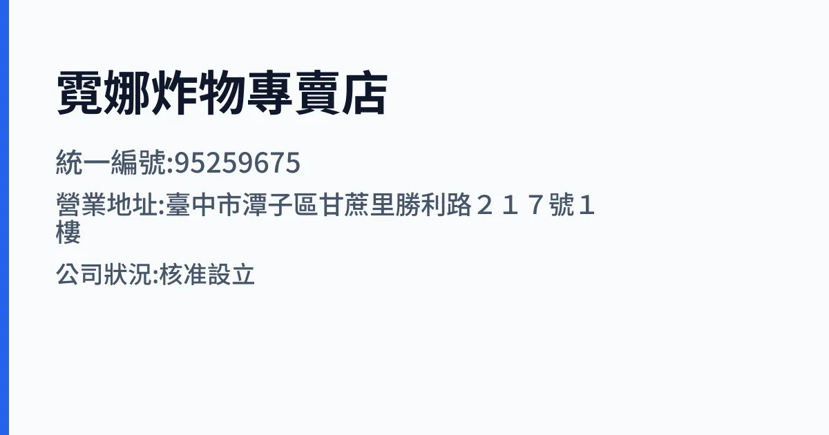 霓娜炸物專賣店 - 統編 95259675(臺中市) 公司登記資料與營業項目詳細圖表