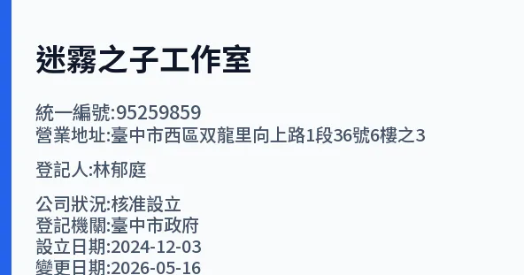 迷霧之子工作室的照片-統編 95259859(臺中市) 公司登記資料與營業項目詳細圖表
