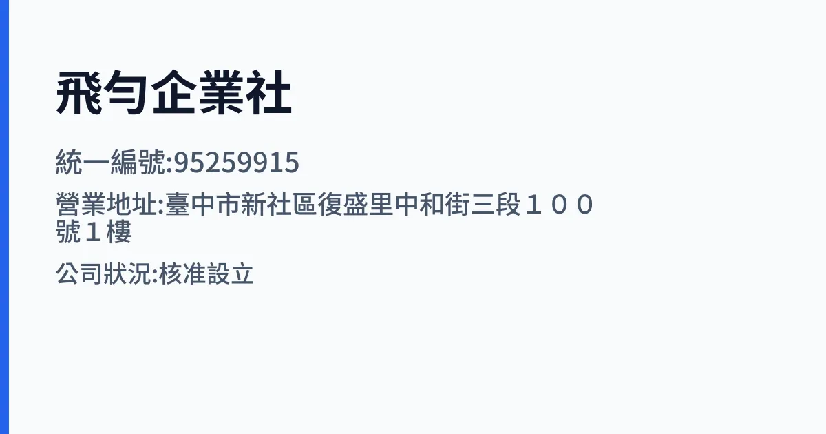 飛勻企業社 - 統編 95259915（臺中市） 公司登記資料與營業項目詳細圖表