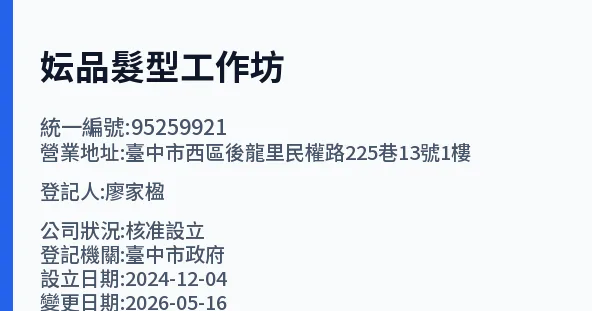 妘品髮型工作坊的照片-統編 95259921(臺中市) 公司登記資料與營業項目詳細圖表