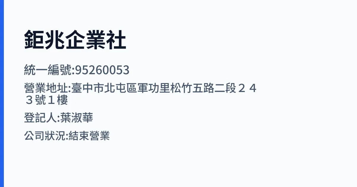 鉅兆企業社 - 統編 95260053（臺中市） 公司登記資料與營業項目詳細圖表