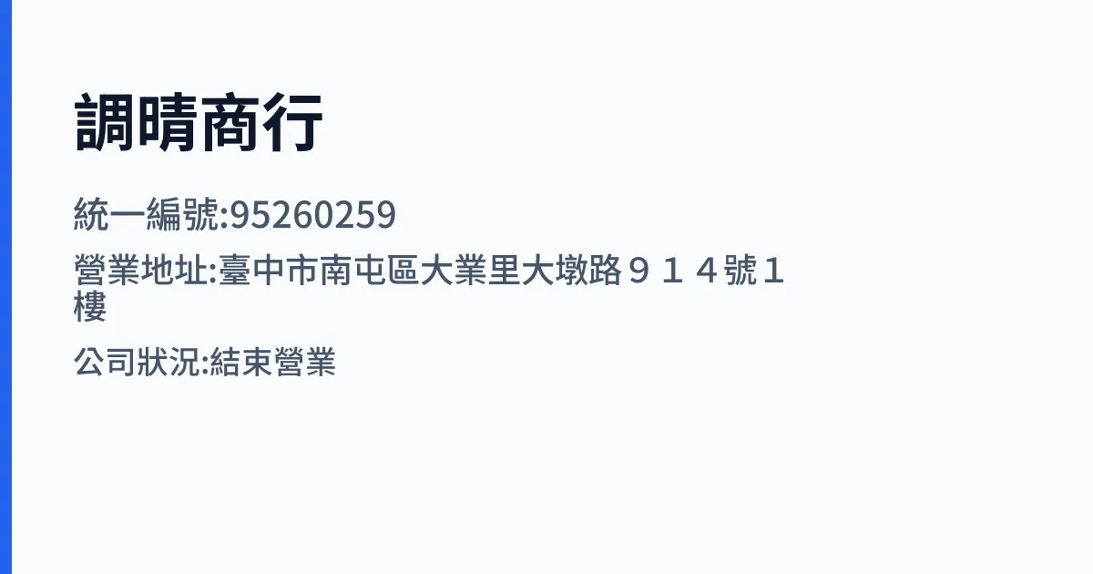 調晴商行 - 統編 95260259(臺中市) 公司登記資料與營業項目詳細圖表