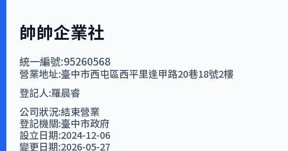 帥帥企業社的照片-統編 95260568(臺中市) 公司登記資料與營業項目詳細圖表