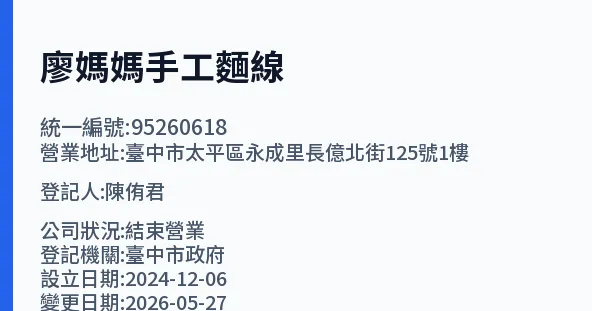 廖媽媽手工麵線的照片-統編 95260618(臺中市) 公司登記資料與營業項目詳細圖表