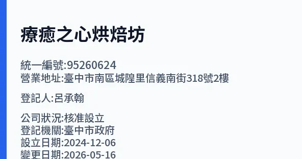 療癒之心烘焙坊的照片-統編 95260624(臺中市) 公司登記資料與營業項目詳細圖表