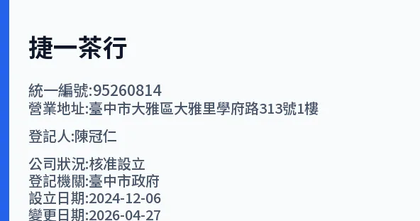 捷一茶行的照片-統編 95260814(臺中市) 公司登記資料與營業項目詳細圖表