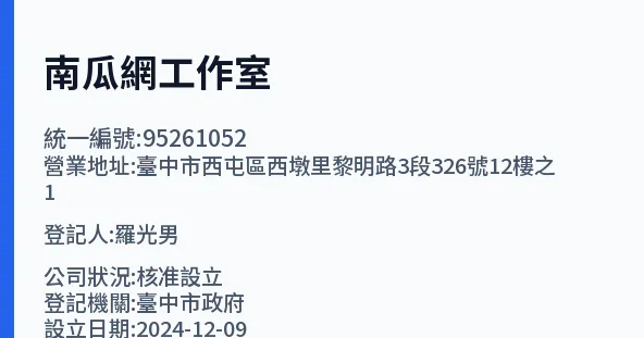 南瓜網工作室的照片-統編 95261052(臺中市) 公司登記資料與營業項目詳細圖表