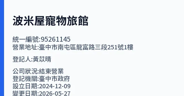 波米屋寵物旅館的照片-統編 95261145(臺中市) 公司登記資料與營業項目詳細圖表