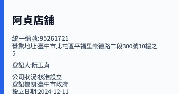 阿貞店舖的照片-統編 95261721(臺中市) 公司登記資料與營業項目詳細圖表