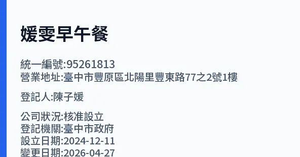 媛雯早午餐的照片-統編 95261813(臺中市) 公司登記資料與營業項目詳細圖表