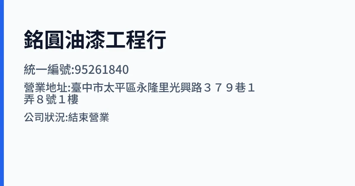 銘圓油漆工程行 - 統編 95261840(臺中市) 公司登記資料與營業項目詳細圖表
