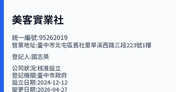 美客實業社的照片-統編 95262019(臺中市) 公司登記資料與營業項目詳細圖表