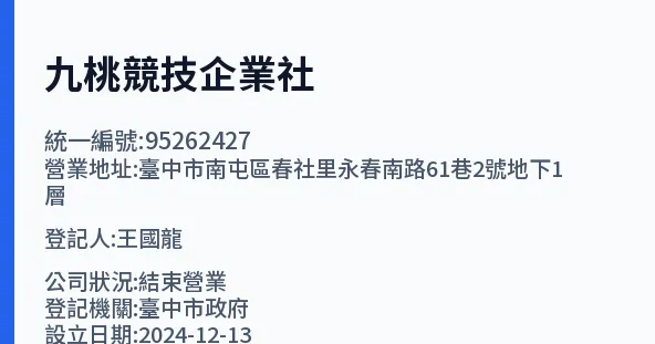 九桃競技企業社的照片-統編 95262427(臺中市) 公司登記資料與營業項目詳細圖表