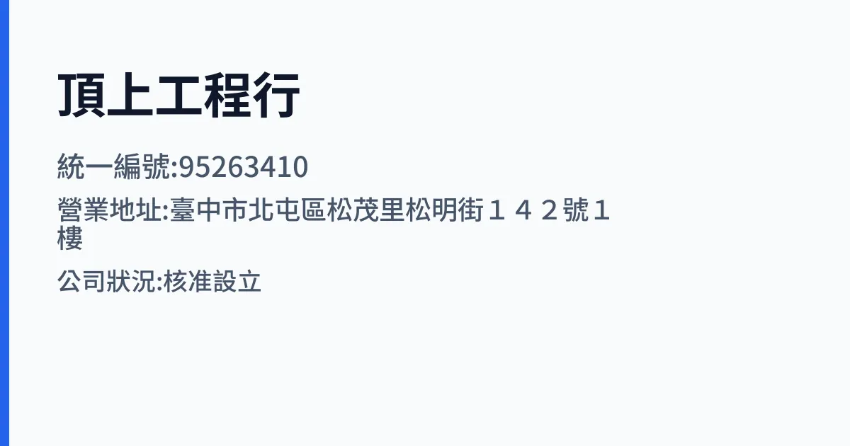 頂上工程行 - 統編 95263410（臺中市） 公司登記資料與營業項目詳細圖表
