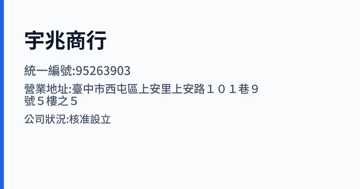 宇兆商行 - 統編 95263903（臺中市） 公司登記資料與營業項目詳細圖表