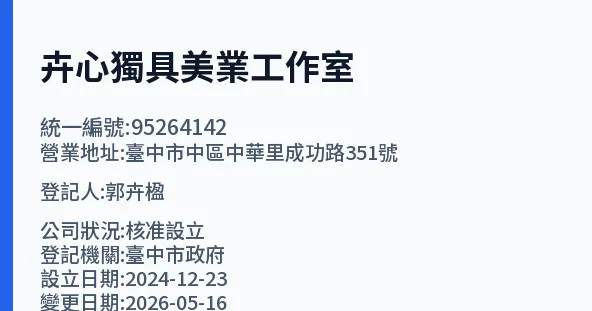 卉心獨具美業工作室的照片-統編 95264142(臺中市) 公司登記資料與營業項目詳細圖表