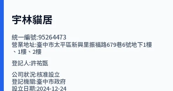 宇林貓居的照片-統編 95264473(臺中市) 公司登記資料與營業項目詳細圖表