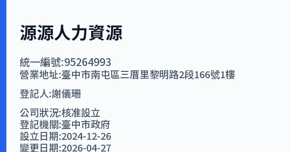 源源人力資源的照片-統編 95264993(臺中市) 公司登記資料與營業項目詳細圖表