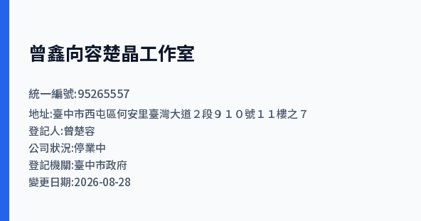 曾鑫向容楚晶工作室的照片-統編 95265557(臺中市) 公司登記資料與營業項目詳細圖表