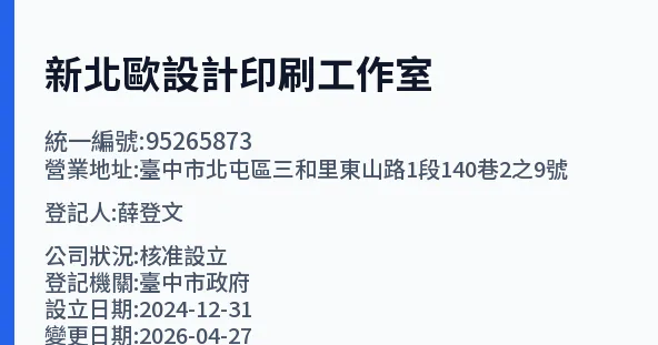 新北歐設計印刷工作室的照片-統編 95265873(臺中市) 公司登記資料與營業項目詳細圖表