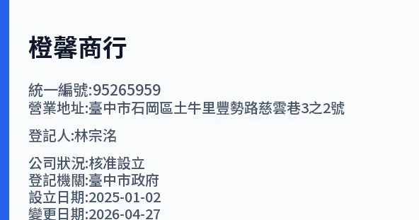 橙馨商行的照片-統編 95265959(臺中市) 公司登記資料與營業項目詳細圖表