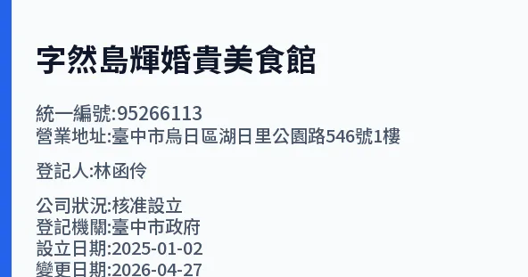 字然島輝婚貴美食館的照片-統編 95266113(臺中市) 公司登記資料與營業項目詳細圖表