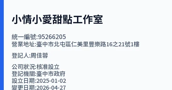 小情小愛甜點工作室的照片-統編 95266205(臺中市) 公司登記資料與營業項目詳細圖表